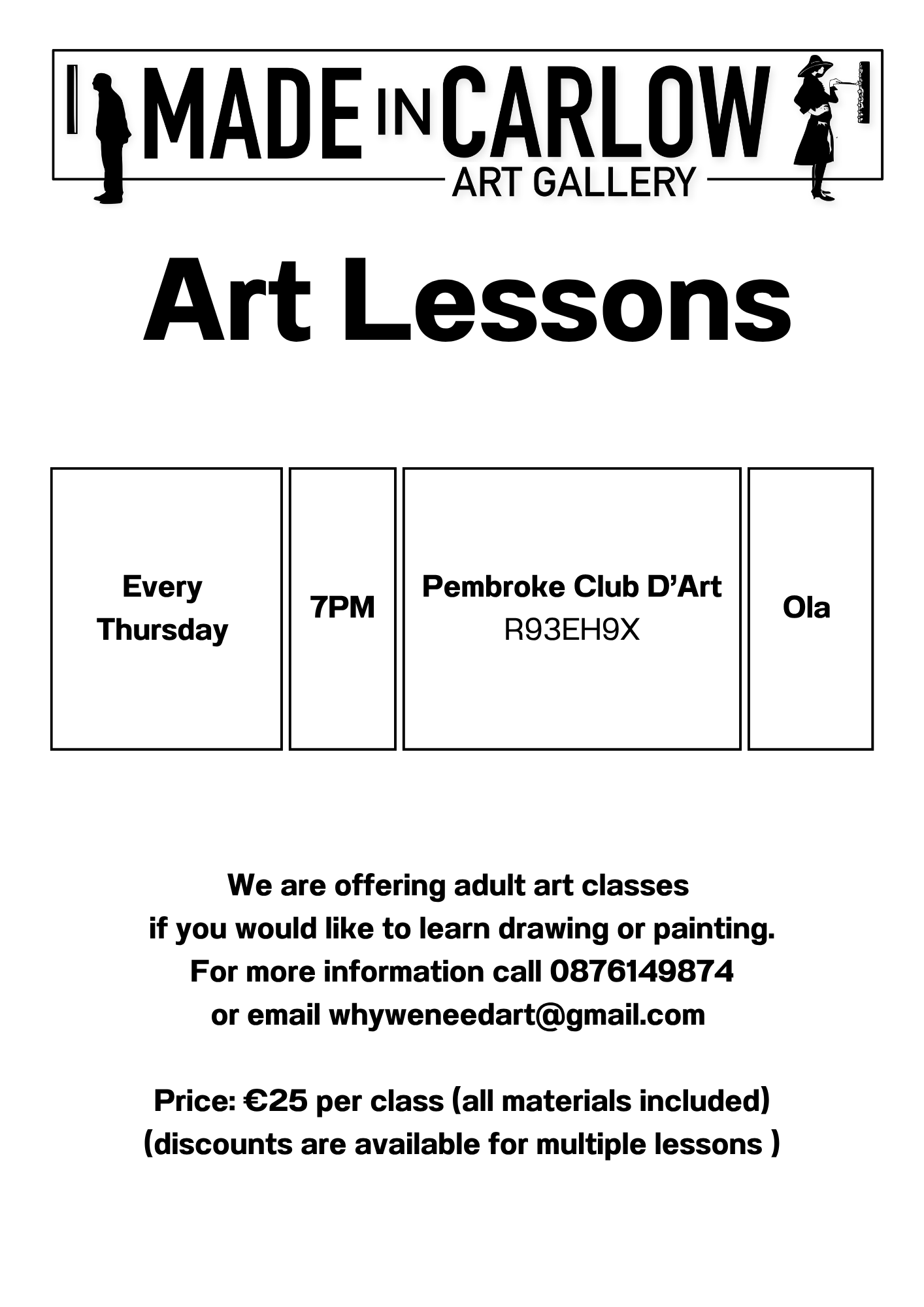Art Classes at Made in Carlow Gallery Schedule